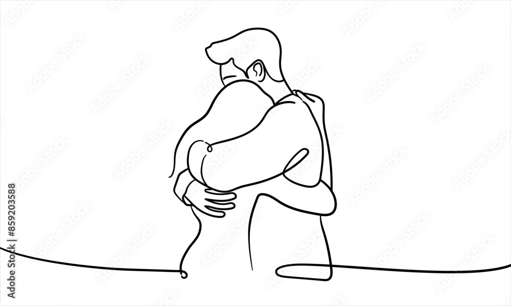 Man hugs woman, protection, love, trust, continuous line art drawing ...