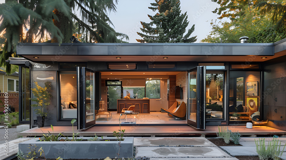 A modern tiny house with a flat roof and industrial design elements ...