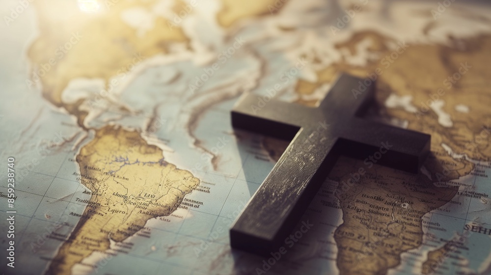 Christian cross lying on the world map. Holy cross of Jesus Christ and ...