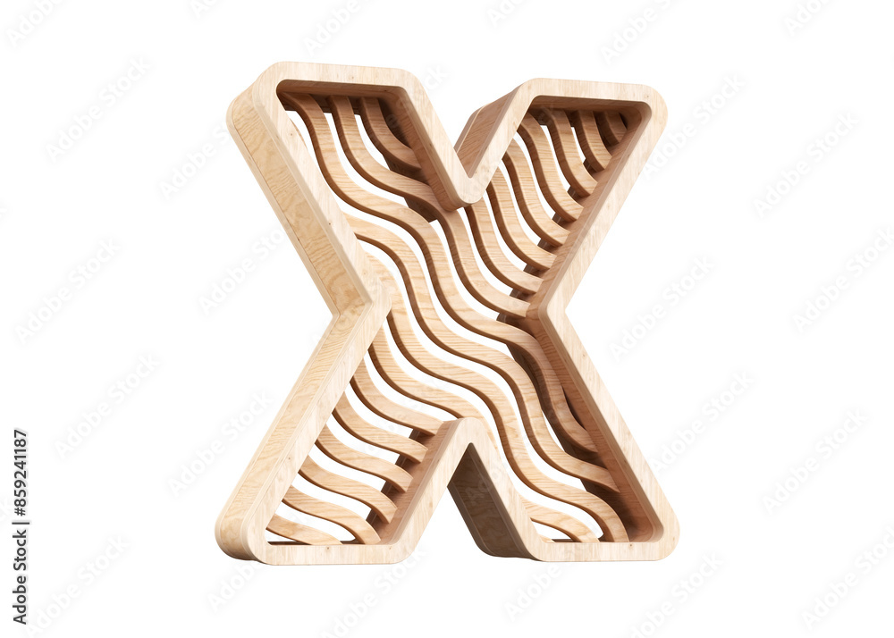 Ilustração 3D letter X made of natural pine wood with wavy shapes. High ...