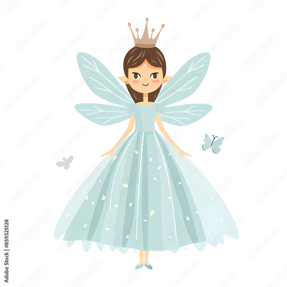 Cute fairy girl with wings, princess in crown, fluffy blue dress, baby ...