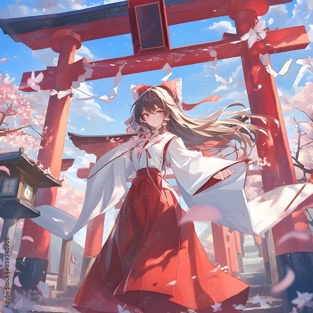 Anime girl dressed as a traditional shrine maiden, surrounded by cherry ...
