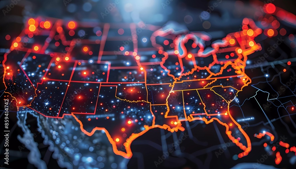 Cyber Sentinel: Guarding the Digital Homeland, map of the USA with ...