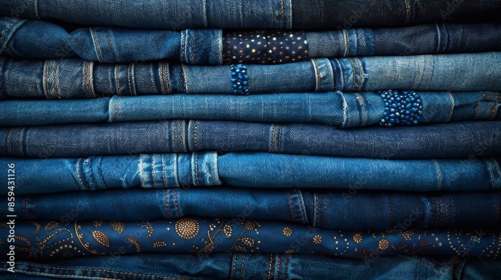 A collection of blue denim fabrics stacked neatly, representing ...