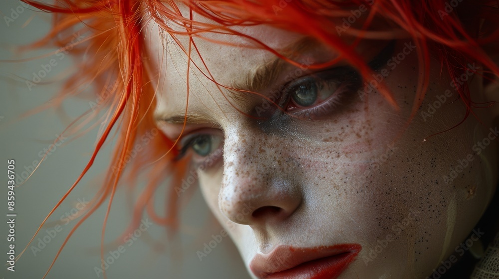 This close-up captures the dramatic features of a face with orange hair ...