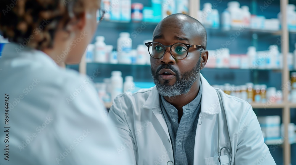 Two pharmacists in a discussion at a pharmacy, with shelves of ...