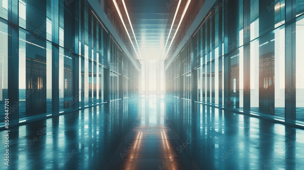 symmetrical wide shot a long corridor in an empty modern open office ...