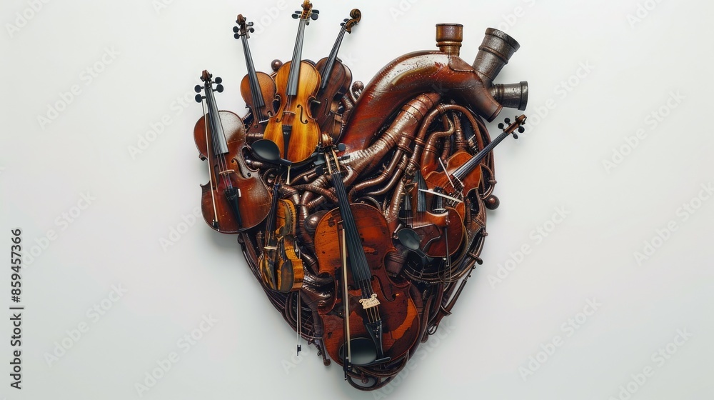 AI-generated art of a heart-shaped sculpture made of violins, trumpets ...
