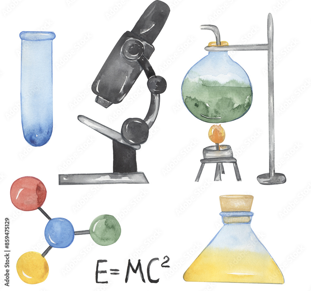 Watercolor science elements illustration, chemistry clipart set ...