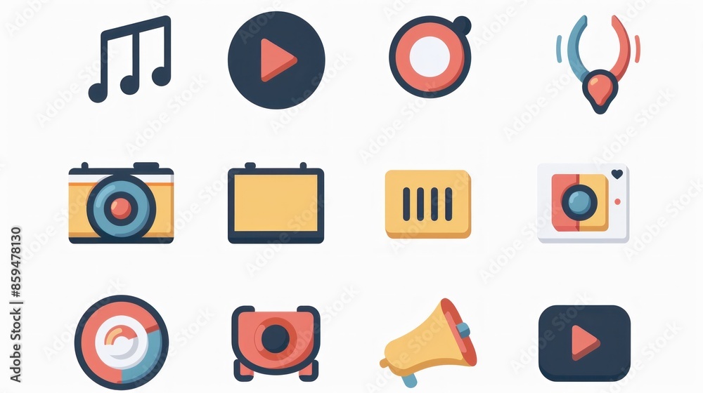 A collection of 2D icons representing multimedia functions for apps and ...