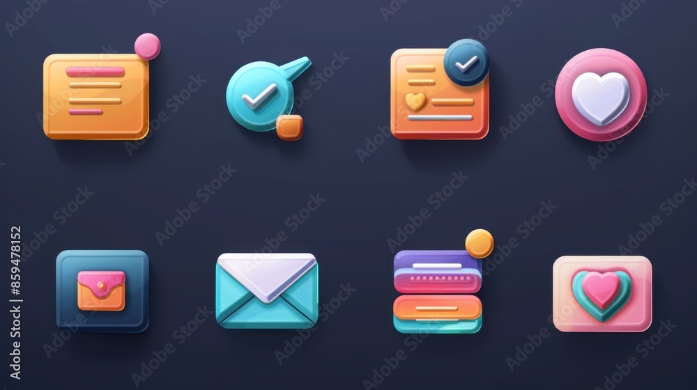 A collection of 2D notification icons for apps and websites. The icons ...
