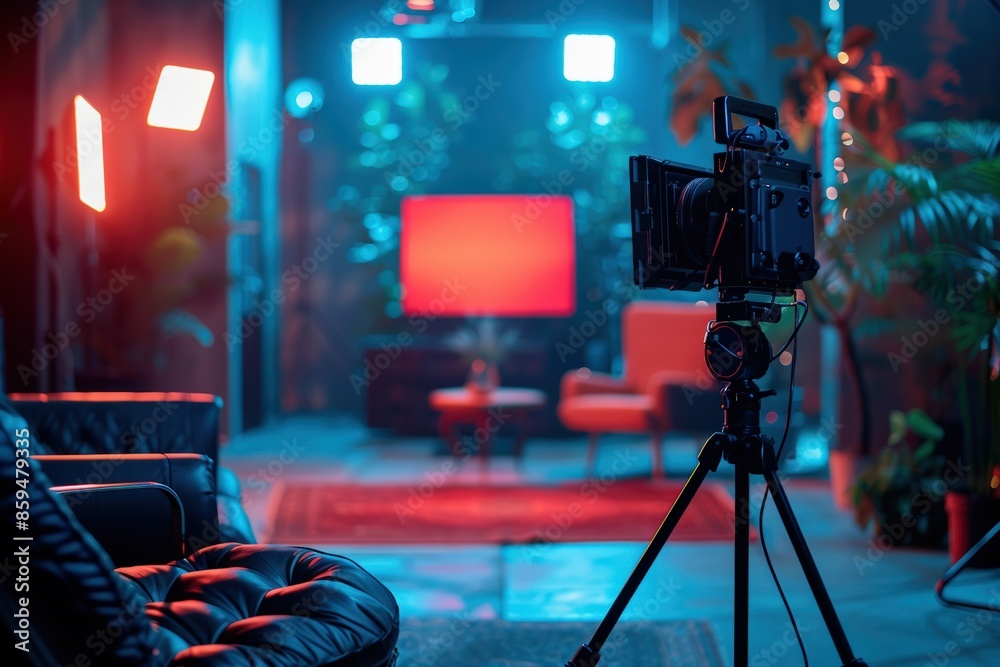 Professional photo setup with camera, lights, and a stylish background ...