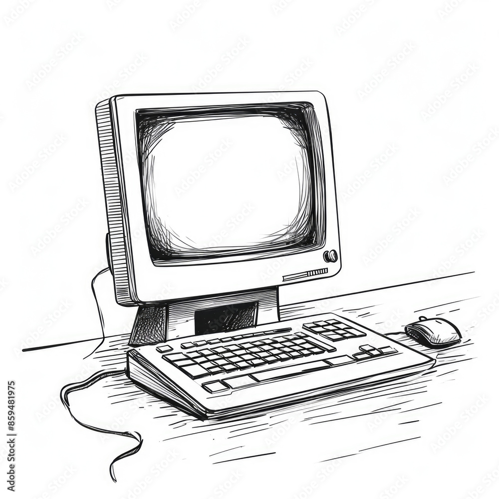 Ilustración de Stock Vintage Computer Drawing - Black and White Sketch ...