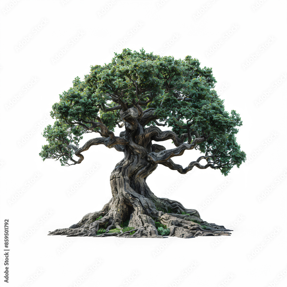 Hyper-realistic oak tree with intricate bark texture and sprawling ...