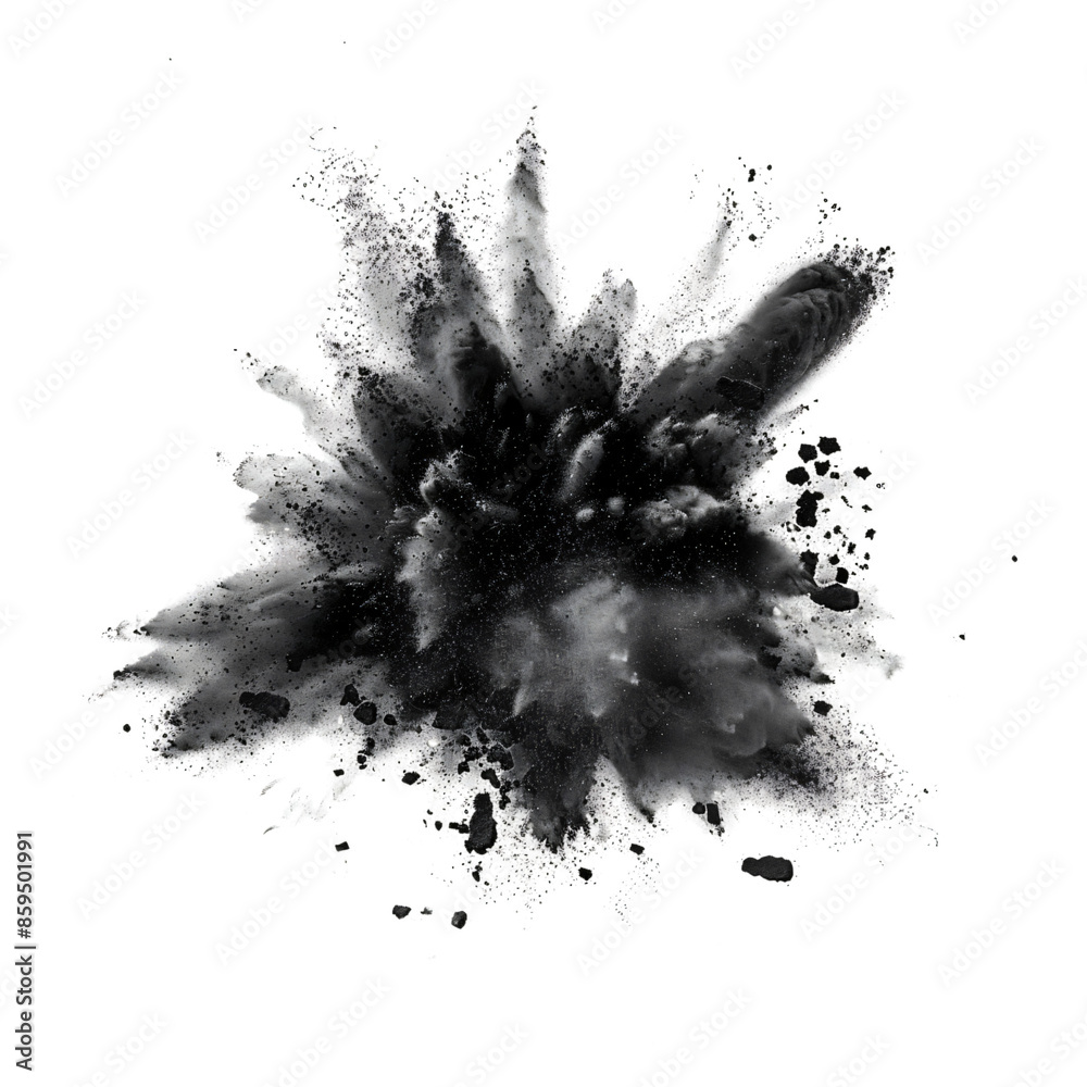 Exploded blast black chalk pieces powder flying explosion effect ...