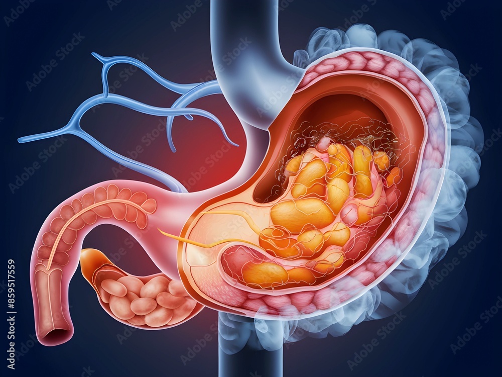 The process of digestion in the stomach The stomach is shown as a red ...
