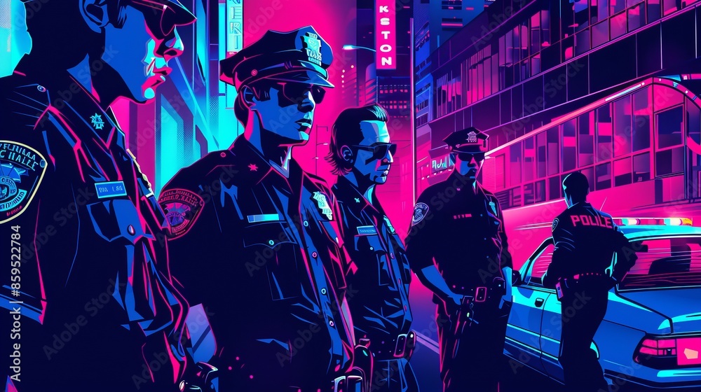 Ilustración de Stock Retrowave style police squad in action, featuring ...