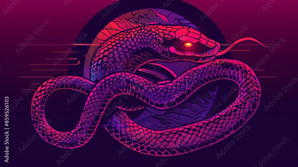 T Shirt of Serpent Coils with Hieroglyphs in 80s Synthwave Style ...