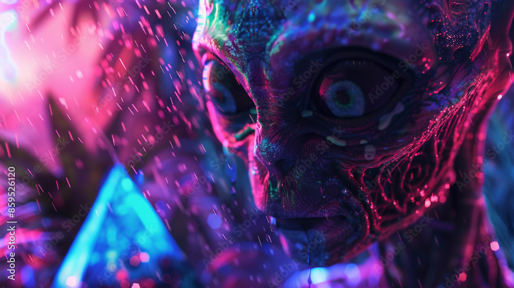 Psychedelic alien with body made of matter universe, bright colors ...