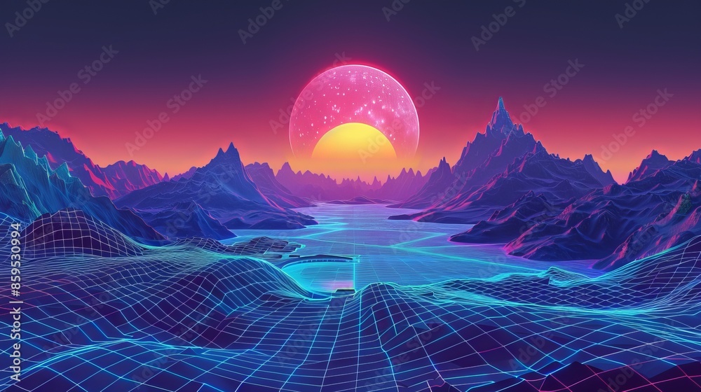 80s synthwave styled landscape with blue grid mountains and sun over ...