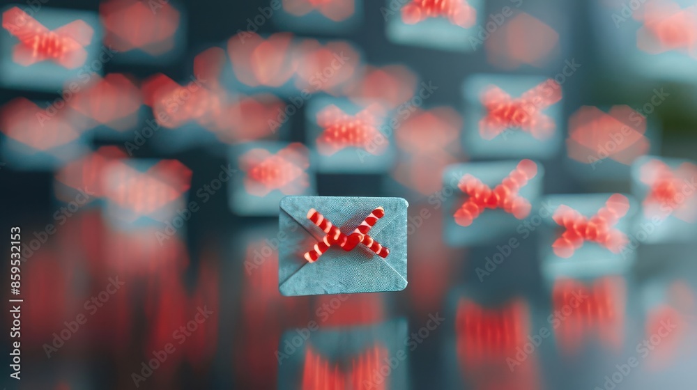 Blurred envelopes with red X symbols floating in the background ...