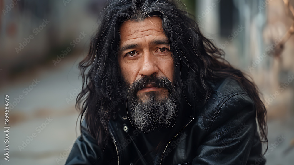 Homeless man with long dark hair and beard, wearing a black leather ...