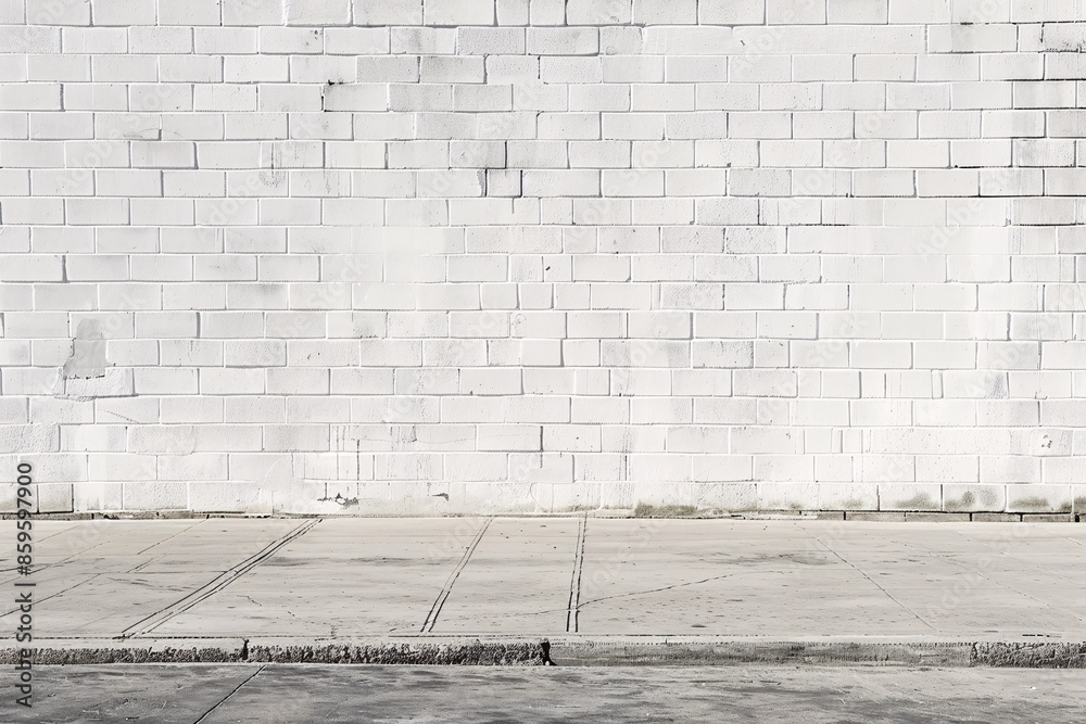 Plain white brick wall with sidewalk in front creating a minimalistic ...
