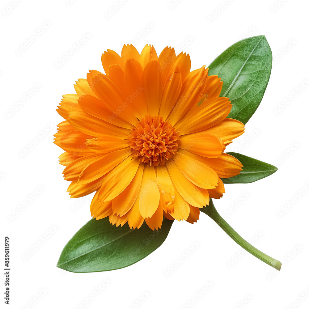 Calendula orange flower with green leaves isolated on white or ...
