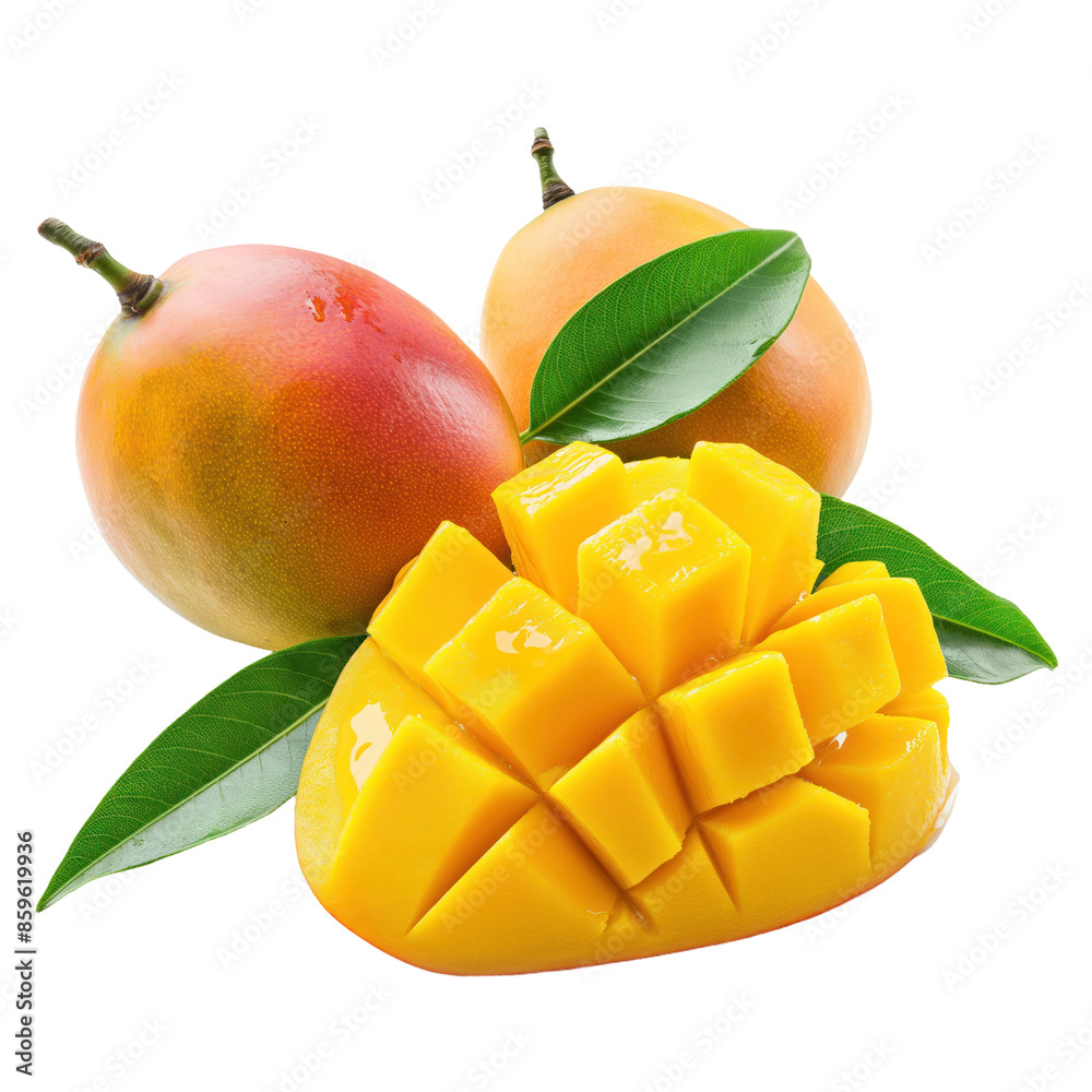 Ripe whole and sliced mango isolated on white or transparent background ...