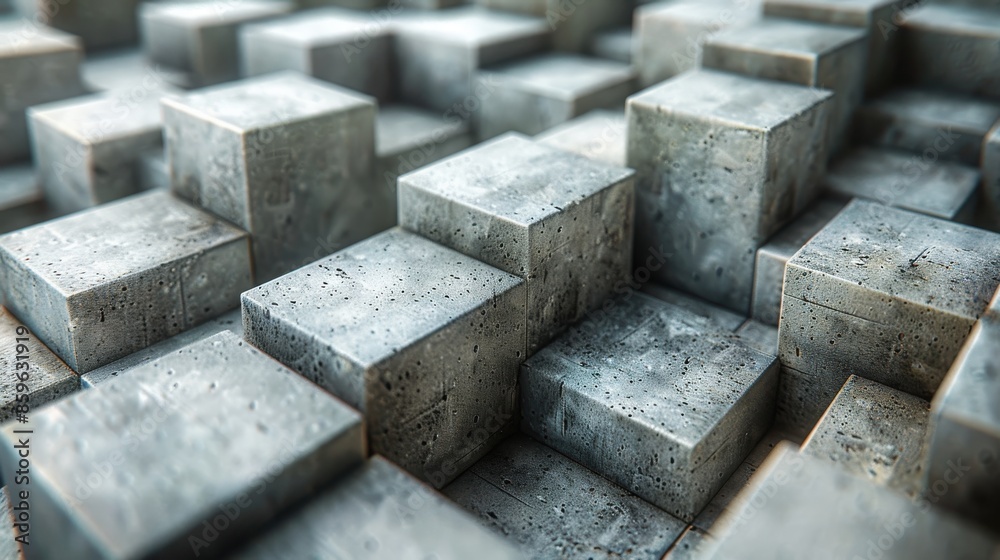 The image displays a monochromatic arrangement of concrete cubes ...