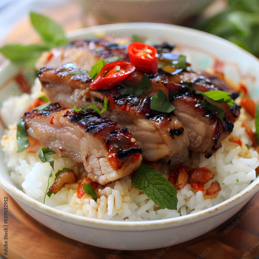 Sticky Rice with Grilled Pork, known as "Khao Niew Moo Ping" in Thai ...