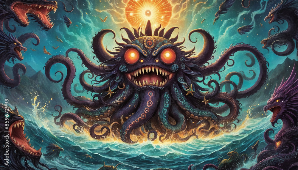 Illustrative depiction of a mythical sea monster that makes the oceans ...