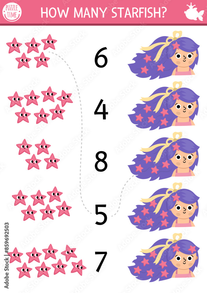 Match the numbers mermaid game with princess and starfish in her hair ...