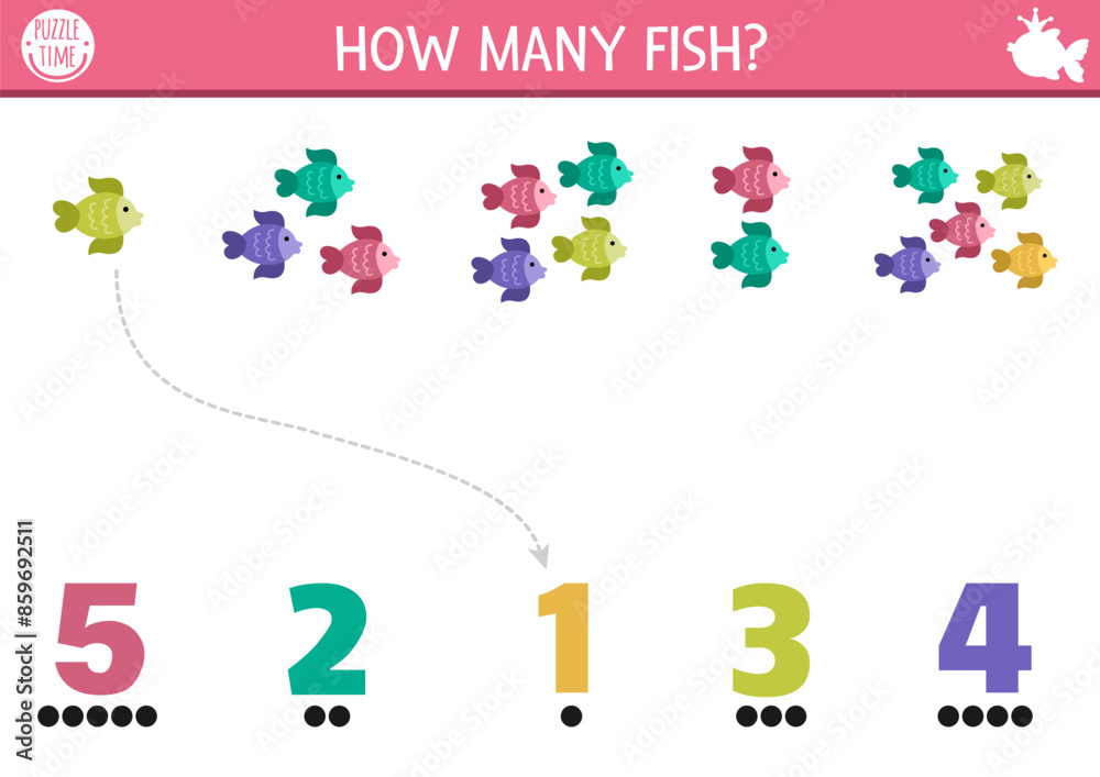 Simple match the numbers mermaid game with colored fish. Fairytale ...