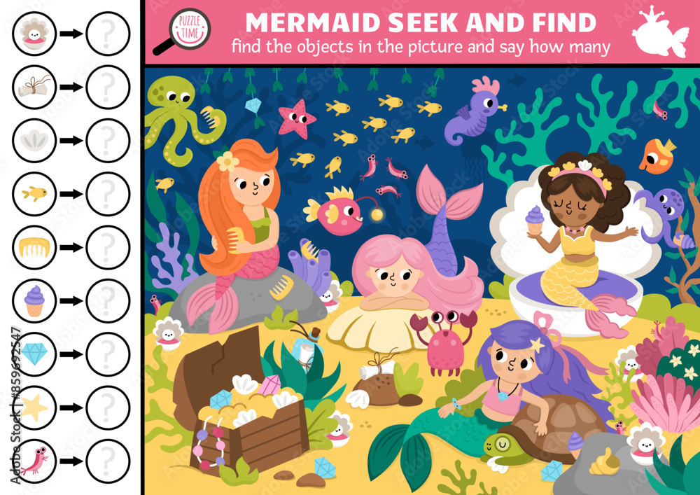Vector mermaid searching game with fairytale ocean kingdom landscape ...