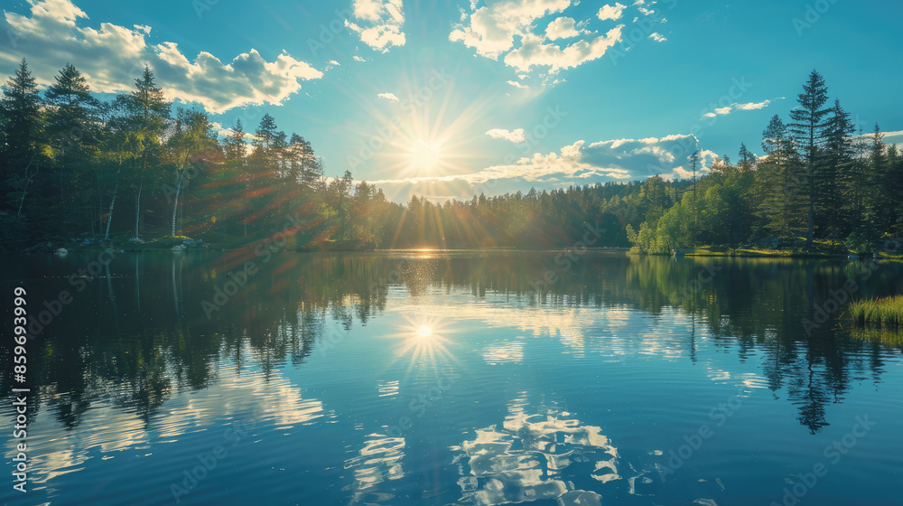 Sunlight beams over a calm lake surrounded by trees, with a clear blue ...