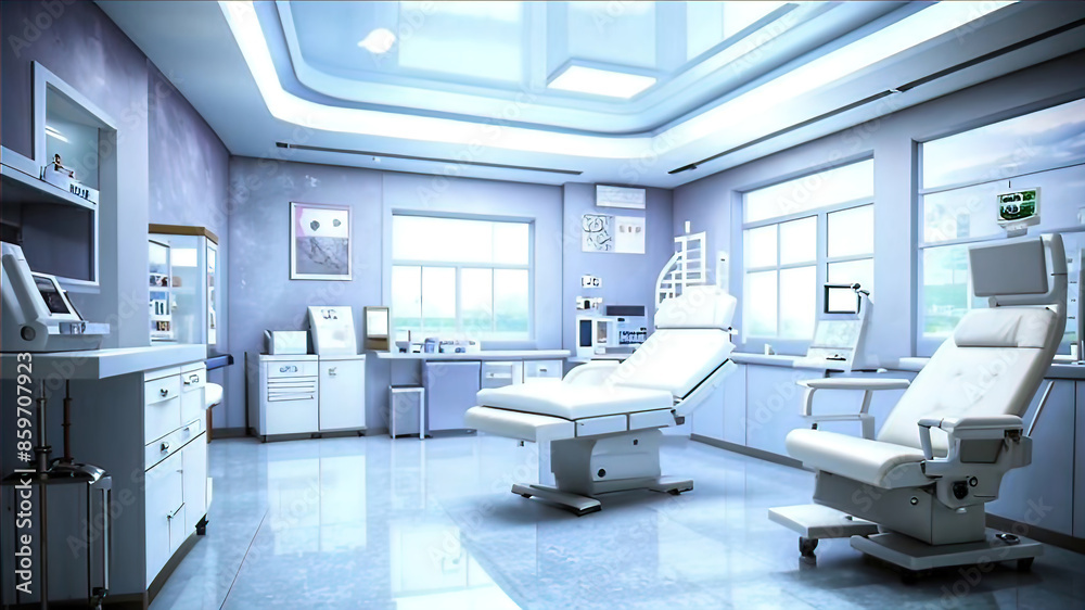 interior of a modern high-tech anti-aging laboratory, a chair-bed for a ...