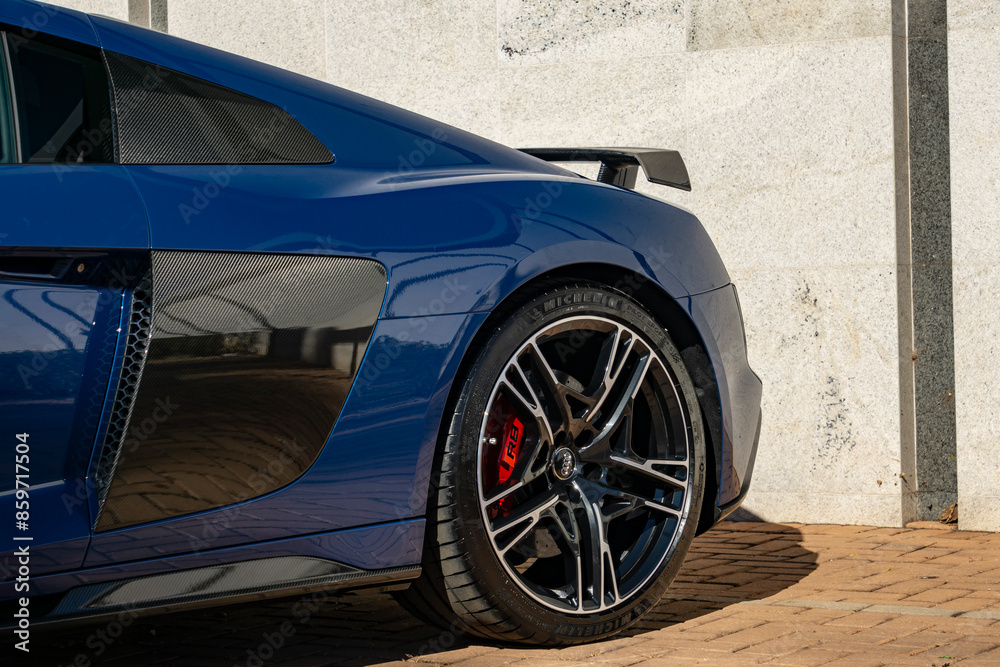 Blue Audi R8 rear end side view, Luxury sportscar rear wheel focused ...