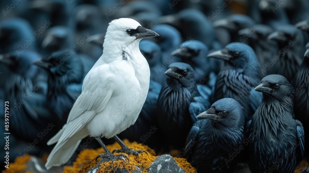 A stark contrast of a white crow stands prominently amidst a group of ...