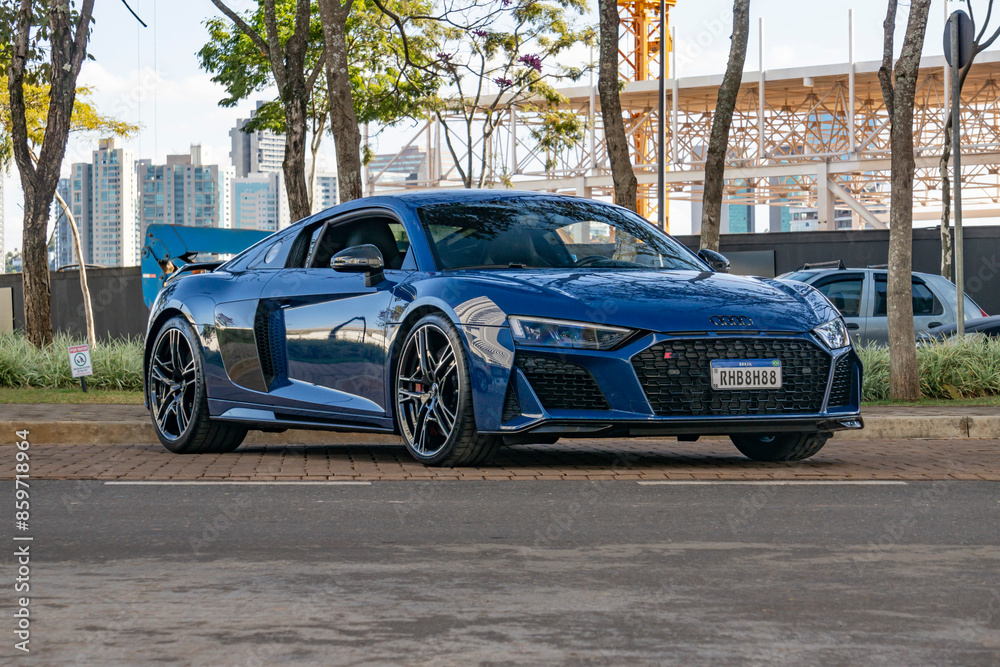 Blue Audi R8 front view, urban background, Modern sportscar front view ...