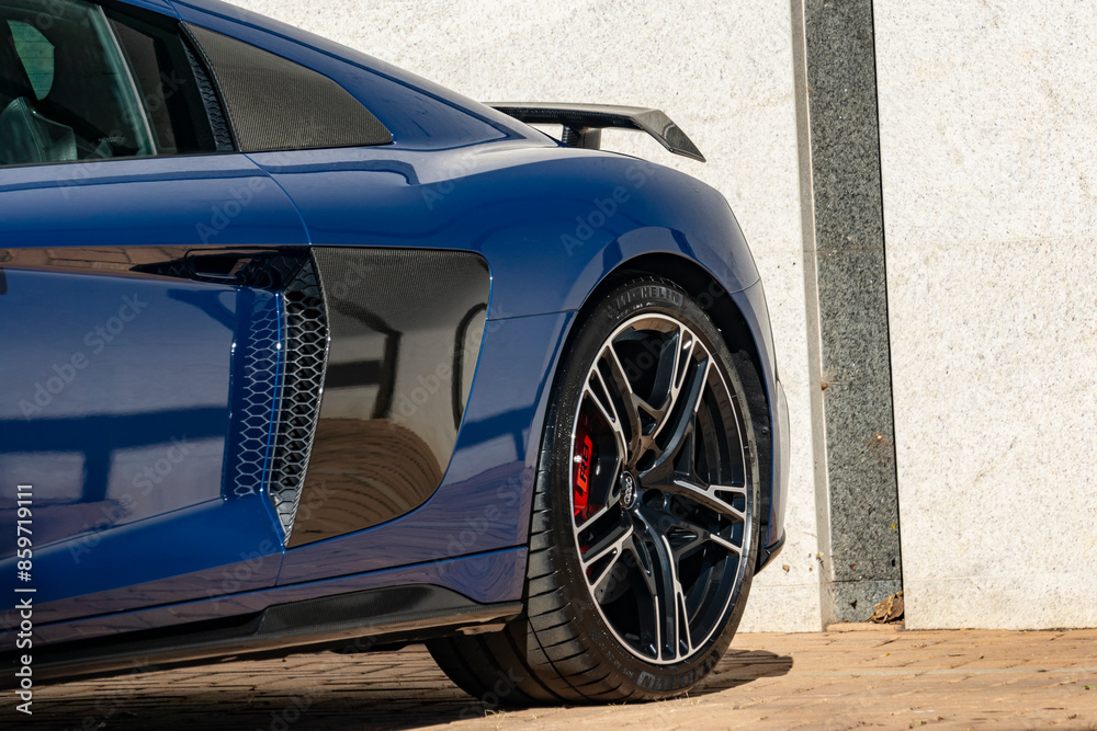 Blue Audi R8 rear end side view, Luxury sportscar external detail ...
