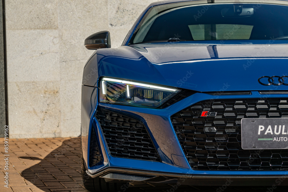Blue Audi R8 Front view, headlight focused shot - Luxury sportscar ...