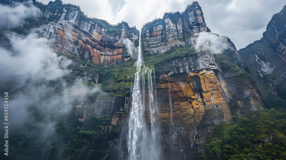 Tall waterfall flows down a steep cliff with many colors. Lush green ...