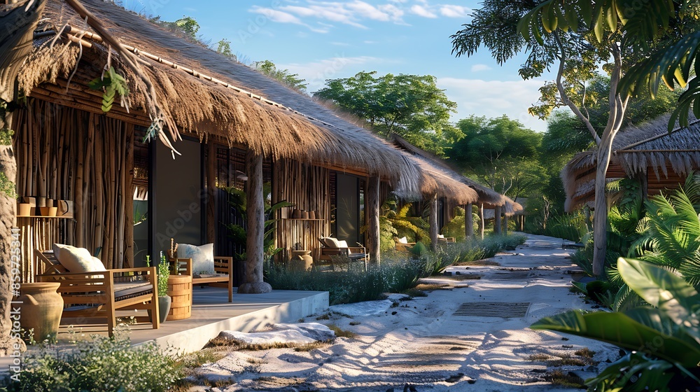 eco-resort featuring cabanas with thatched roofs made from sustainable ...