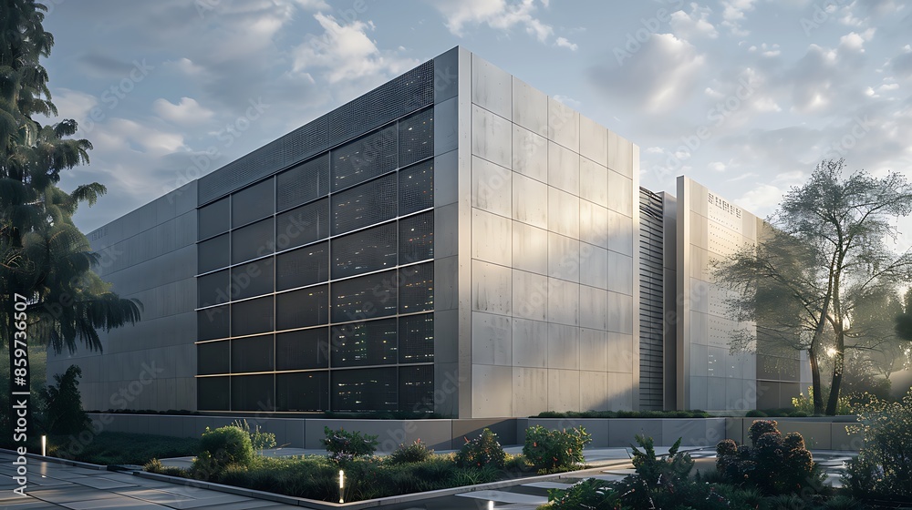 futuristic data center exterior, clad in high-tech fiber cement panels ...