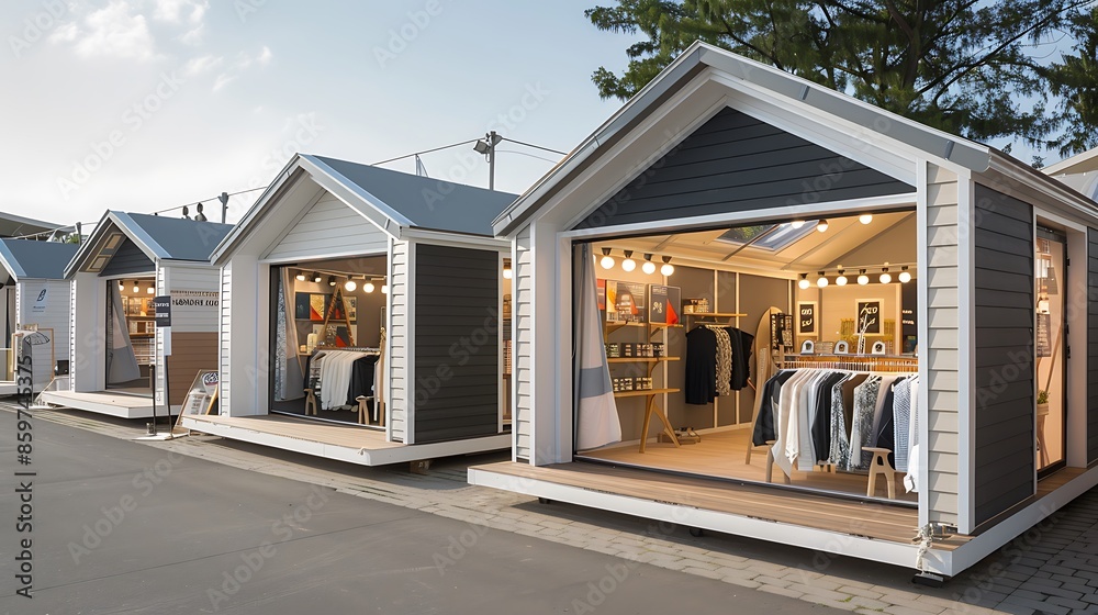 series of pop-up retail stores at a summer festival, each with ...