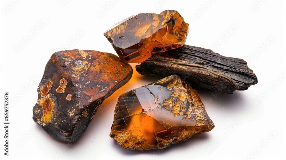 Fossilized wood and amber inclusions on a white background in ...