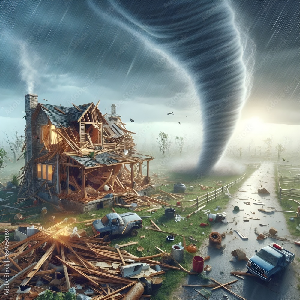 Strong tornado destroyed house. Debris and wrecked trees and cars ...