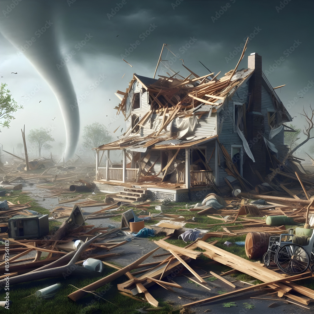Strong Tornado Destroyed House Debris And Wrecked Trees And Cars