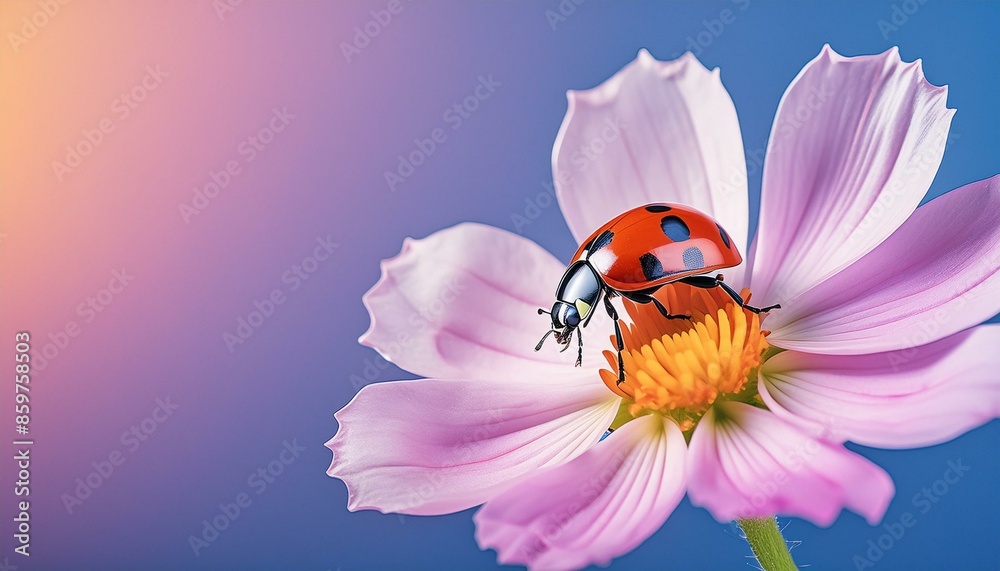 ladybug on a flower with blue background, image shot from the profile ...